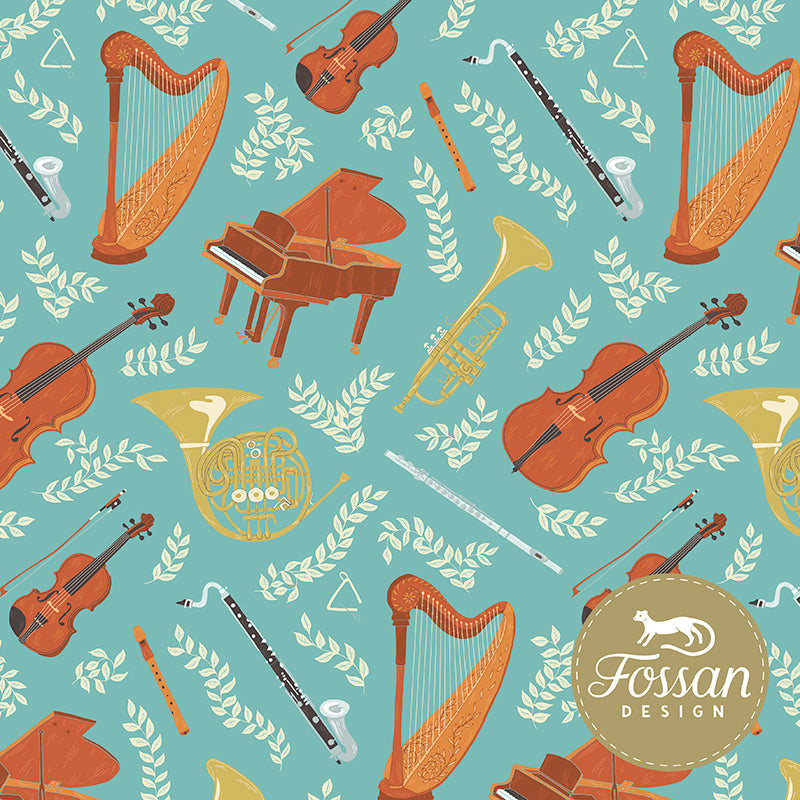 Musical Instruments Organic Cotton Jersey on Mint Green