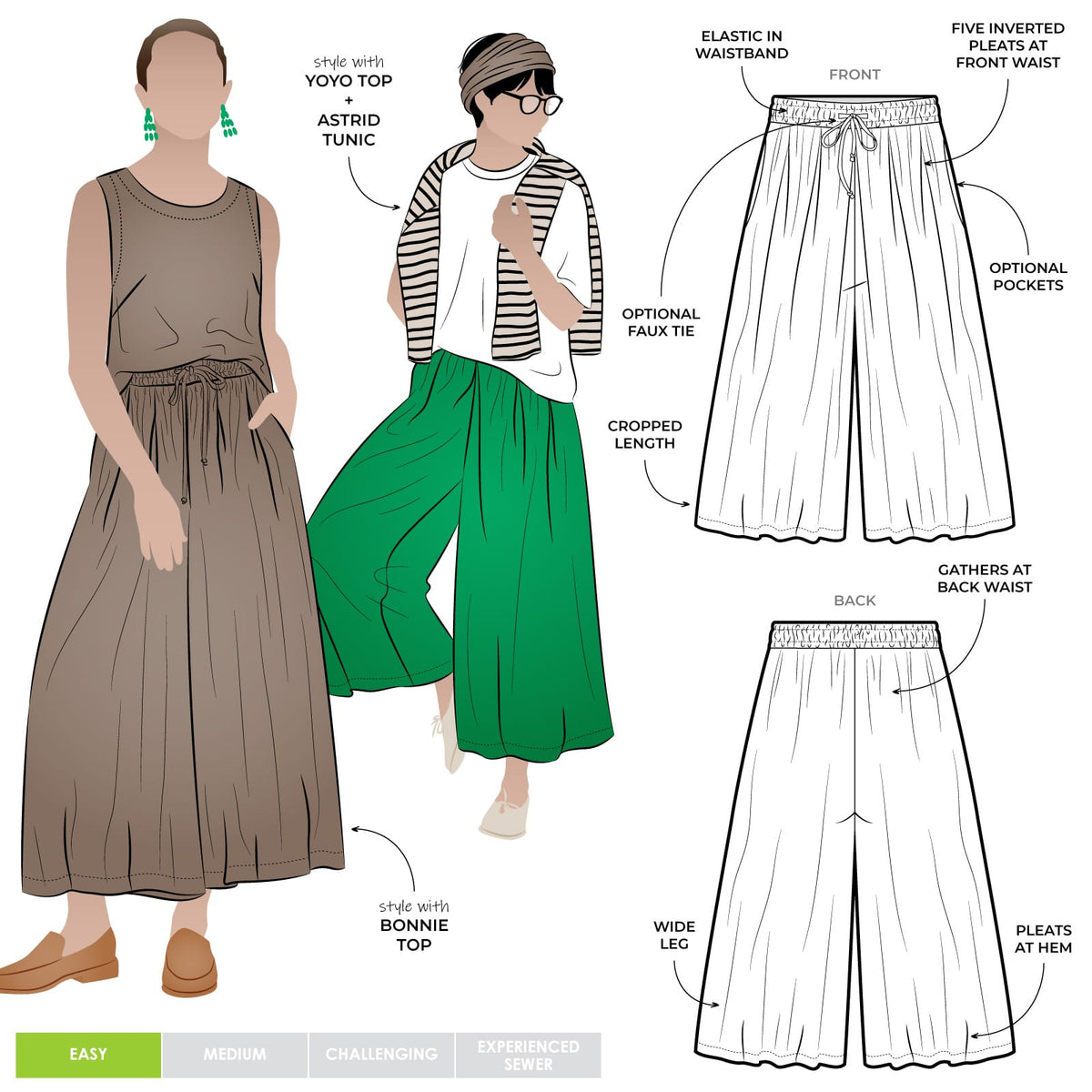 Reeve Woven Culotte Sewing Pattern by Style Arc, US Sizes 0-26